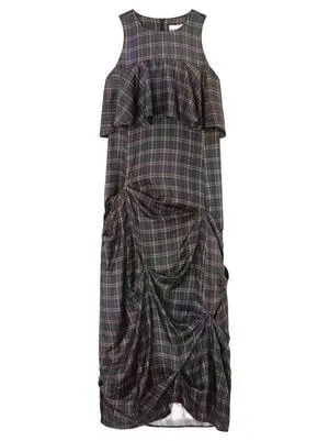 GANNI Ruffled Checked Midi Dress - Grey