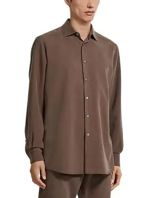 Zegna Long Sleeve Button Front Silk Shirt - Brown