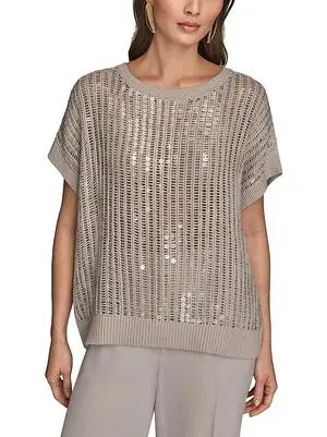 Donna Karan New York Open Weave Sequin Crewneck Sweater - Vapor Grey