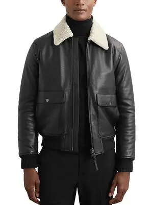 REISS Leather Fleece Collar Jacket