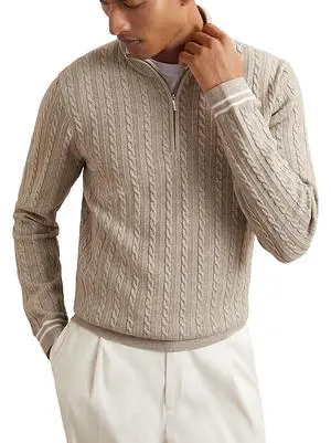 REISS Cable Knit Quarter Zip Sweater - Oatmeal Brown