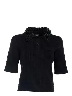 Pinko Beaded-collar Cable-knit Polo Top - Black