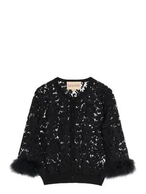 Valentino Garavani Lace Feather-trim Cardigan - Black