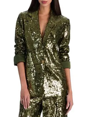 Alice + Olivia Quincy Oversized Sequin Blazer - Dark Olive