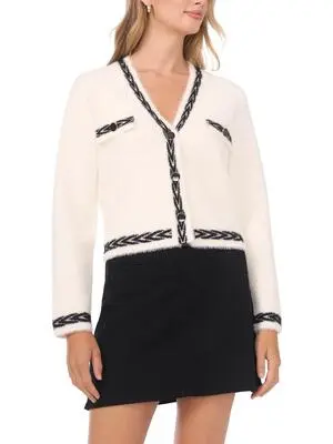 Vince Camuto Birdseye Jacquard Trim Cardigan Sweater - Birch