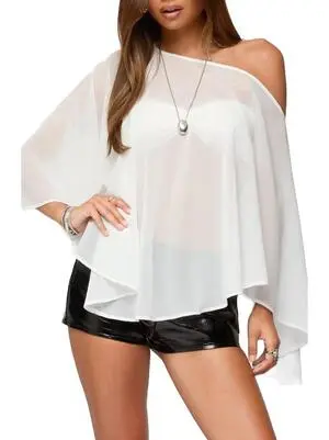 EDIKTED Sheer Chiffon One-shoulder Poncho - White