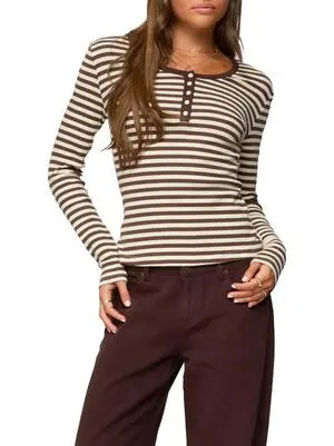 EDIKTED Roma Stripe Rib Henley Top - Brown