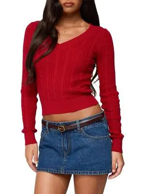 EDIKTED Ashlee V-neck Cable Knit Sweater - Red