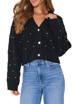 VICI Rhinestone Diamond Stitch Cropped Cardigan - Black
