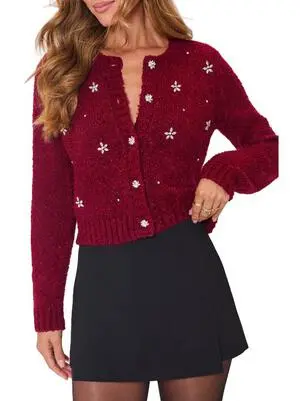 VICI Embellished Bouclé Cardigan - Burgundy