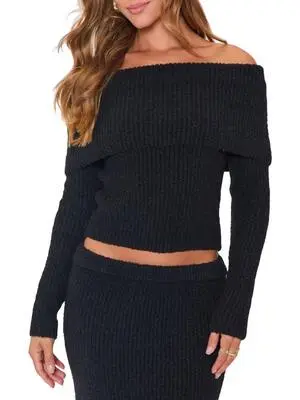 VICI Ruby Foldover Off-the-shoulder Ribbed Sweater - Black