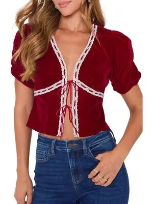 VICI Velvet Tie-front Top - Burgundy
