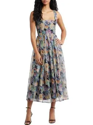 Lulus Logan Floral Square Neck Midi Dress - Grey Multi