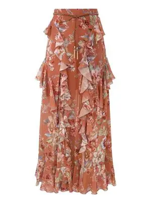 Zimmermann Ruffled Floral Print Maxi Skirt - Brown