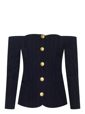 L'Agence Alice Off-shoulder Pinstriped Blazer Top - Midnightb