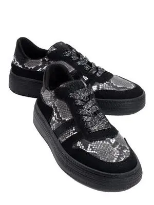 PROLOGUE SHOES Rexie Glitter Sneakers Black Print Faux Leather