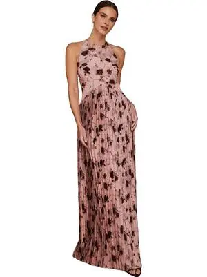 SIX STORIES Floral Halter Pleated Maxi Dress - Dusky Pink