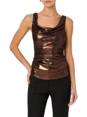 Astr The Label Leanne Metallic Cowl Neck Tank - Brown