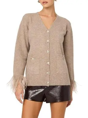 Astr The Label Crystal Embellished Cardigan With Feather Trim - Taupe