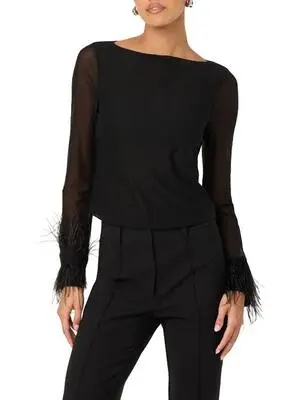 Astr The Label Brisa Feather Trim Long Sleeve Top - Black