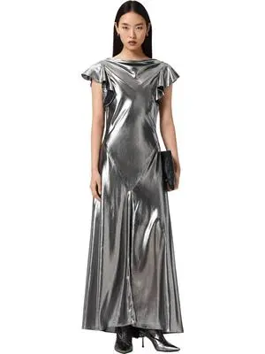 ALLSAINTS Flora Metallic Maxi Dress - Silver