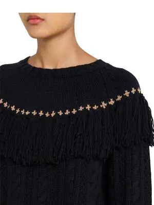 The Upside Clara Tassel Cable Knit Crewneck Sweater Navy