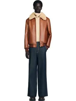 Sandro Leather Jacket With Shearling Collar - Cognac