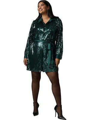 HUTCH Claudette Sequin Mini Shirt Dress - Emerald