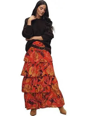 Farm Rio Floral Tiered Midi Skirt - Sunset Rose