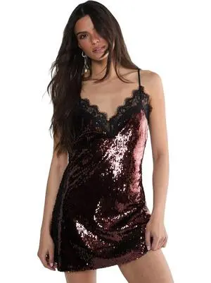 Nasty Gal Sequin Lace Trim Mini Slip Dress - Chocolate