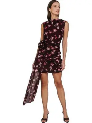 SIX STORIES Floral Coursage Ruched Mini Dress - Wine