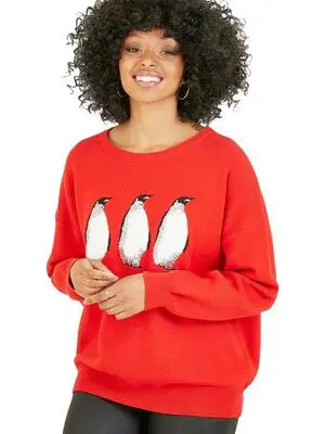 YUMI Penguin Embellished Knitted Jumper - Red
