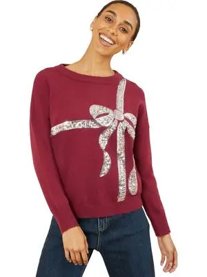 YUMI Sequin Bow Knitted Sweater - Burgundy