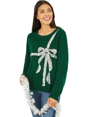 YUMI Sequin Bow Knitted Sweater - Green