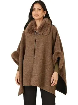 YUMI Fur Collared Cape Jacket - Brown