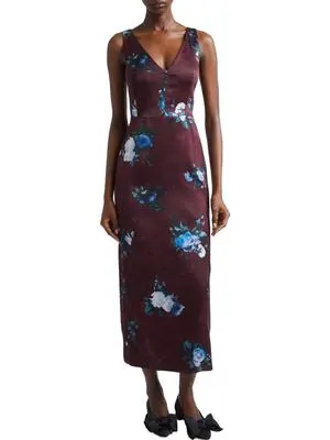 Erdem Abstract Rose Print Sleeveless Crepe Cocktail Sheath Dress - Abstract Rose Mulberry Red