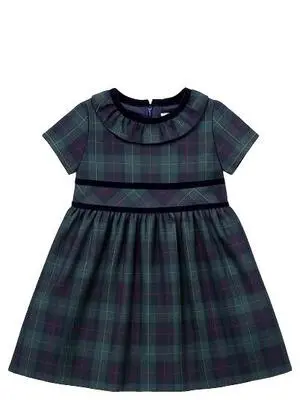 FLORENCE EISEMAN Plaid Dress With Neck Ruffle - Navy/ Green