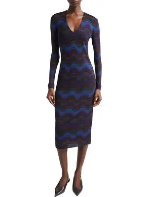Missoni Wavy Stripe Long Sleeve Raschel Knit Midi Dress - Blue And Brown Tones