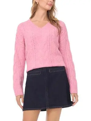 Vince Camuto Cable Stitch V-neck Sweater - Candy Pink Heather