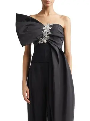 Oscar De La Renta Crystal Embroidered Bow Faille Bustier Top - Black