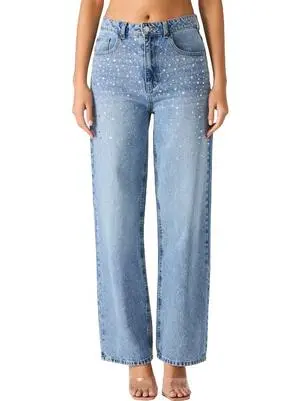 Steve Madden Taylor Crystal Embellished Straight Leg Jeans - Chloe Wash