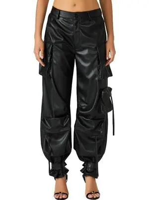 Steve Madden Faux Leather Wide Leg Cargo Pants - Black