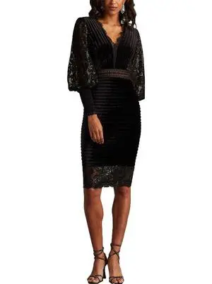 Tadashi Shoji Pleated Long Sleeve Velvet Cocktail Dress - Black