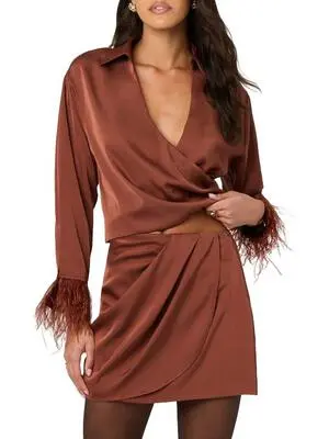 Astr The Label Catrina Feather Accent Surplice Satin Top - Rust Brown