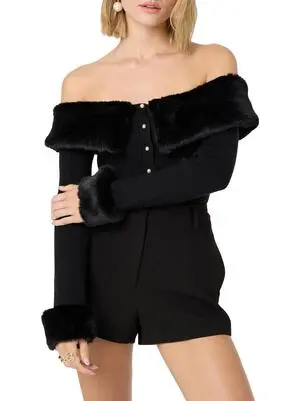 Astr The Label Tabathia Off-the-shoulder Faux Fur Trim Sweater - Black