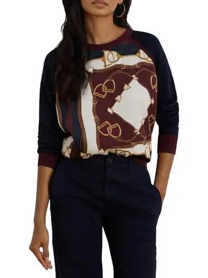 Ralph Lauren Equestrian Print Inset Crewneck Sweater - Lauren Navy Multi