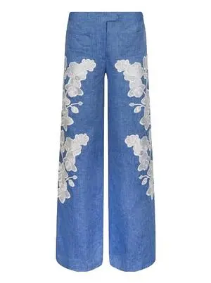 Anne Fontaine Wide Leg Linen Pants With Floral Embroidery - Denim Blue