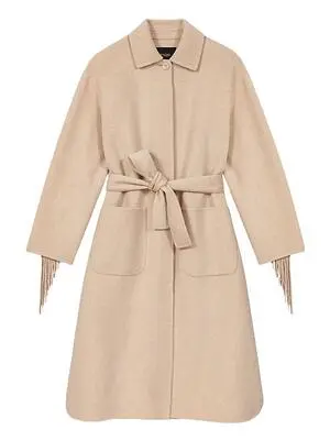 Maje Fringed Belted Wool-blend Coat - Beige