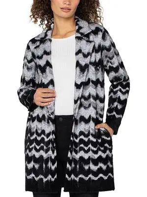 LIVERPOOL Open Front Wavy Striped Sweater Coat - Black/ Grey Wavy Stripe