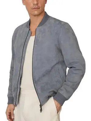 REISS Burnham Suede Bomber Jacket - Denim Blue